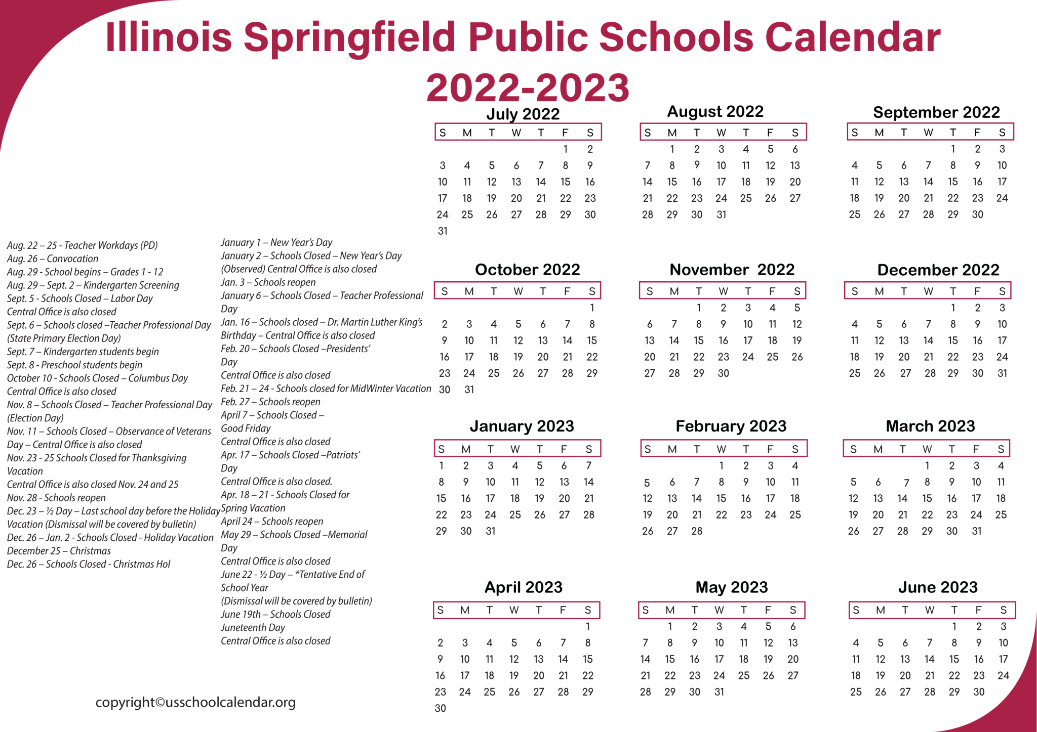 Illinois Springfield Public Schools Calendar 2023 - US School Calendar