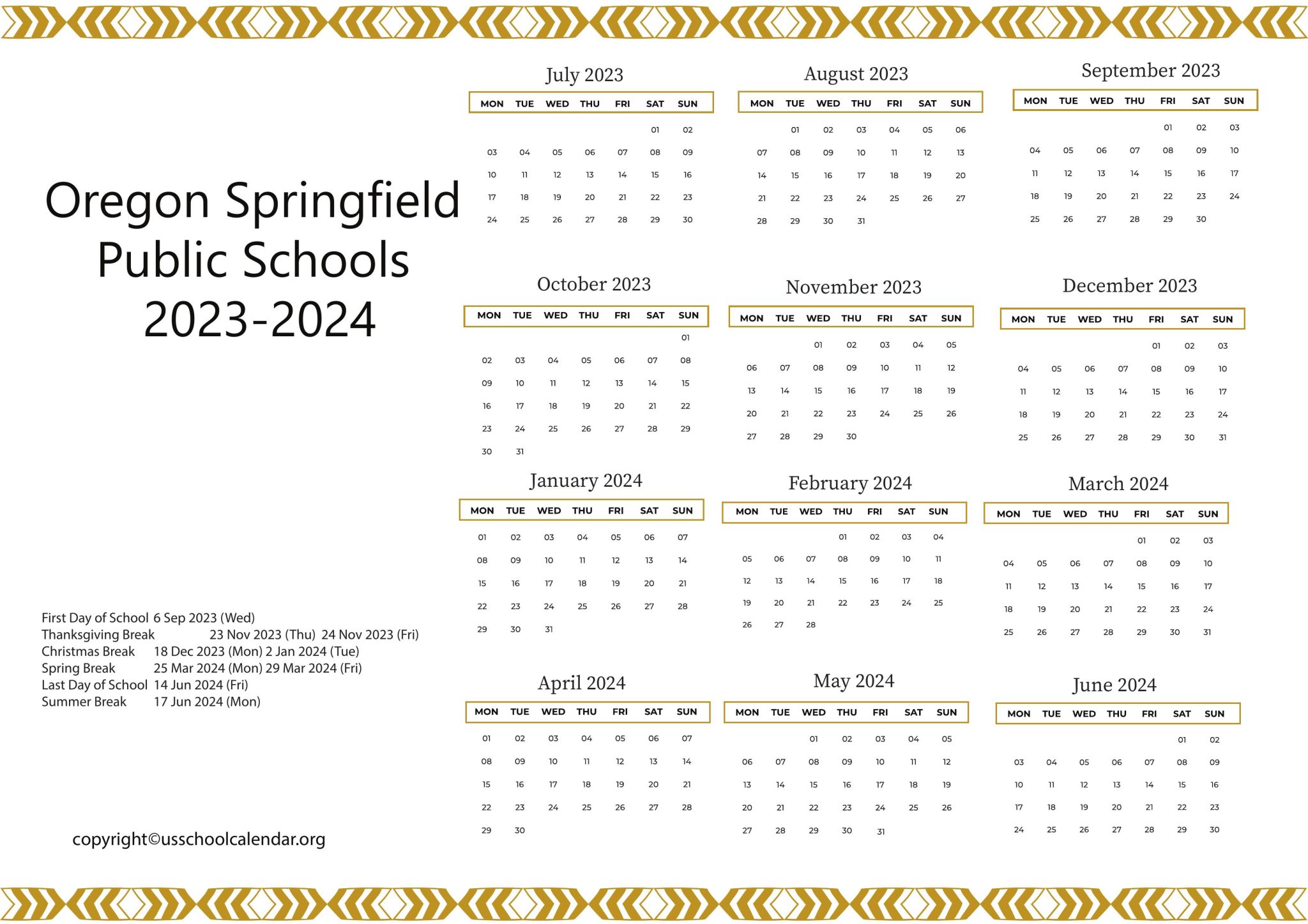 Oregon Springfield Public Schools Calendar - US School Calendar