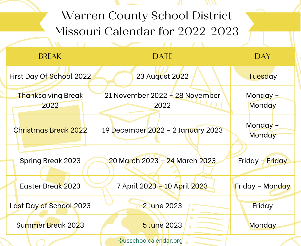 Warren County School District Missouri Calendar for 2022-2023