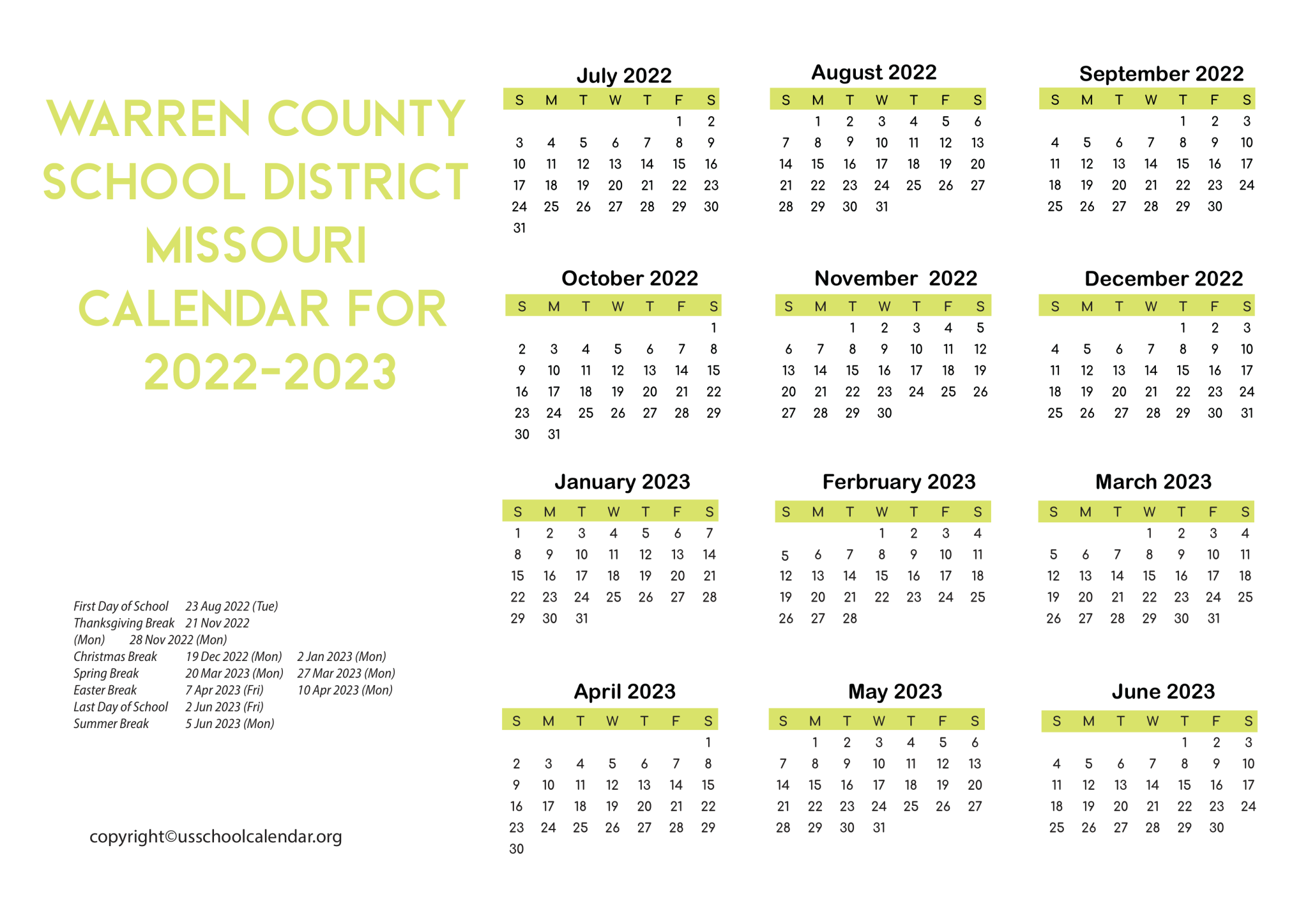 Warren County School District Missouri Calendar for 2022-2023