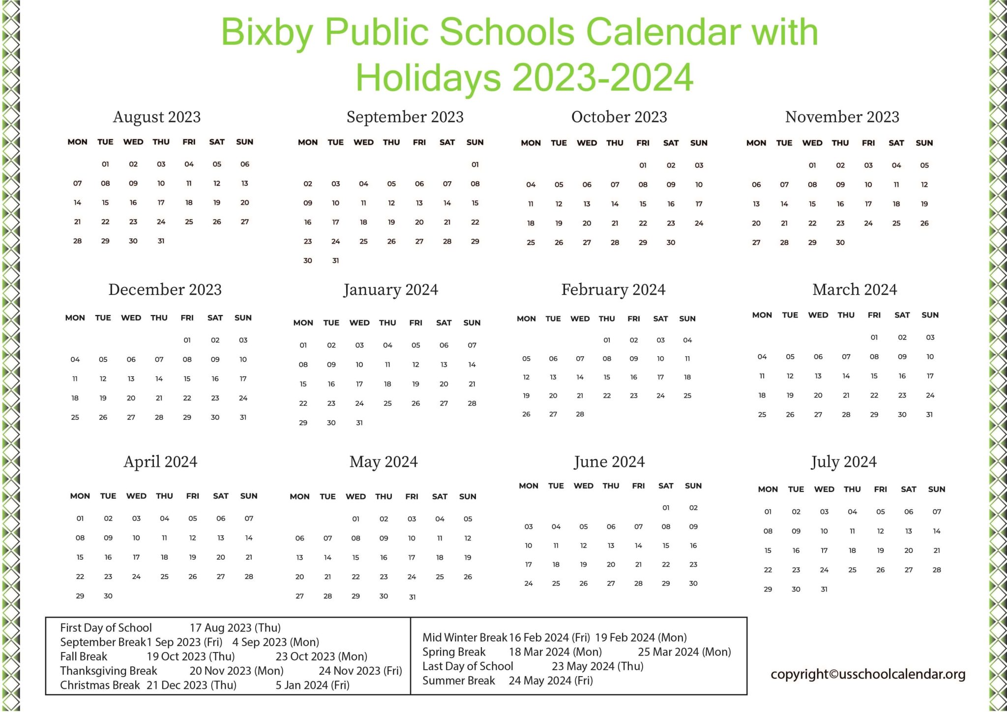 Bixby Public School Calendar - US School Calendar