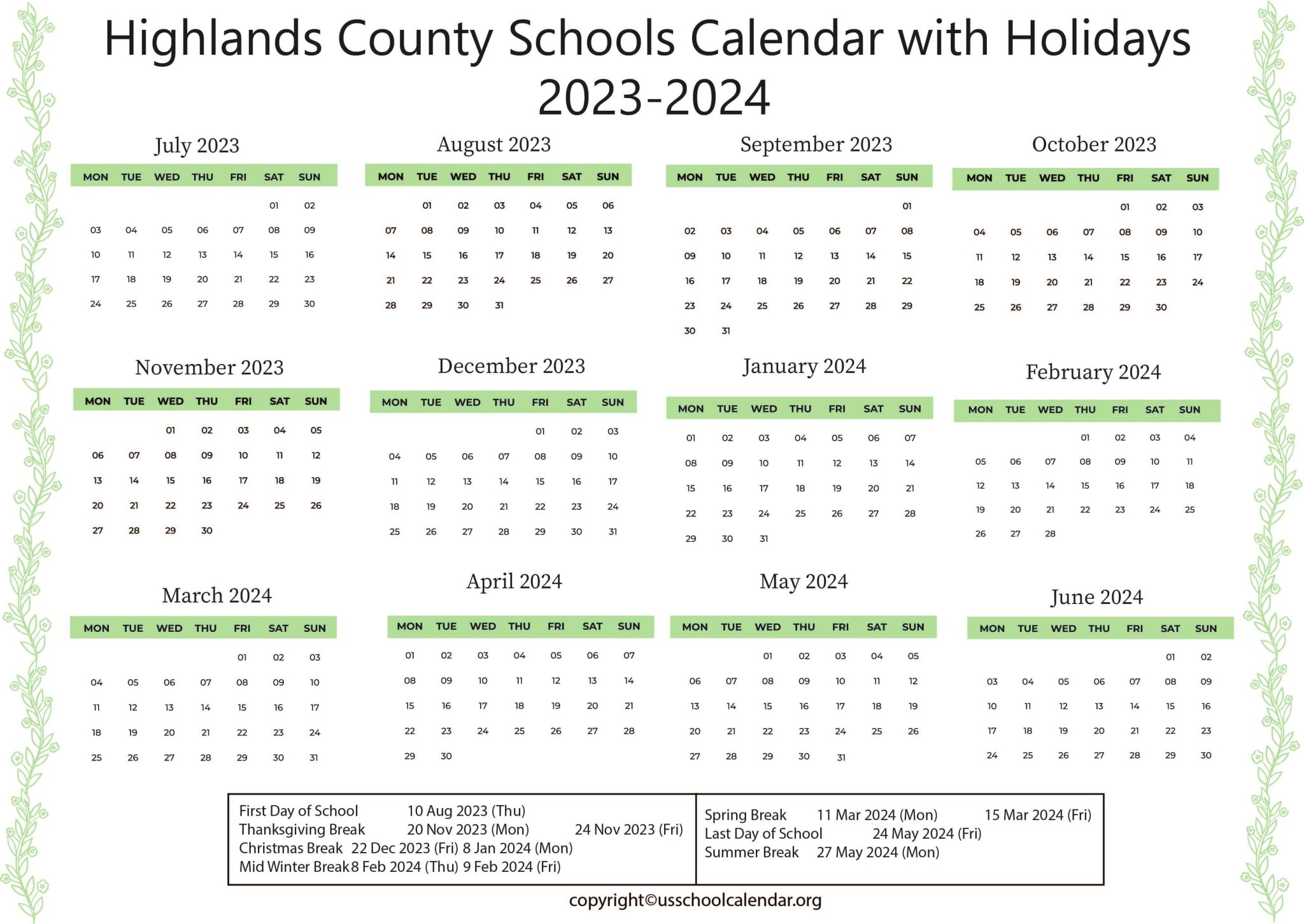 Highlands County Schools Calendar - US School Calendar