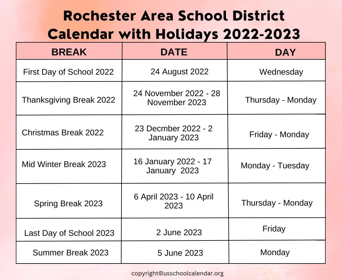 Rochester Area School District Calendar - US School Calendar