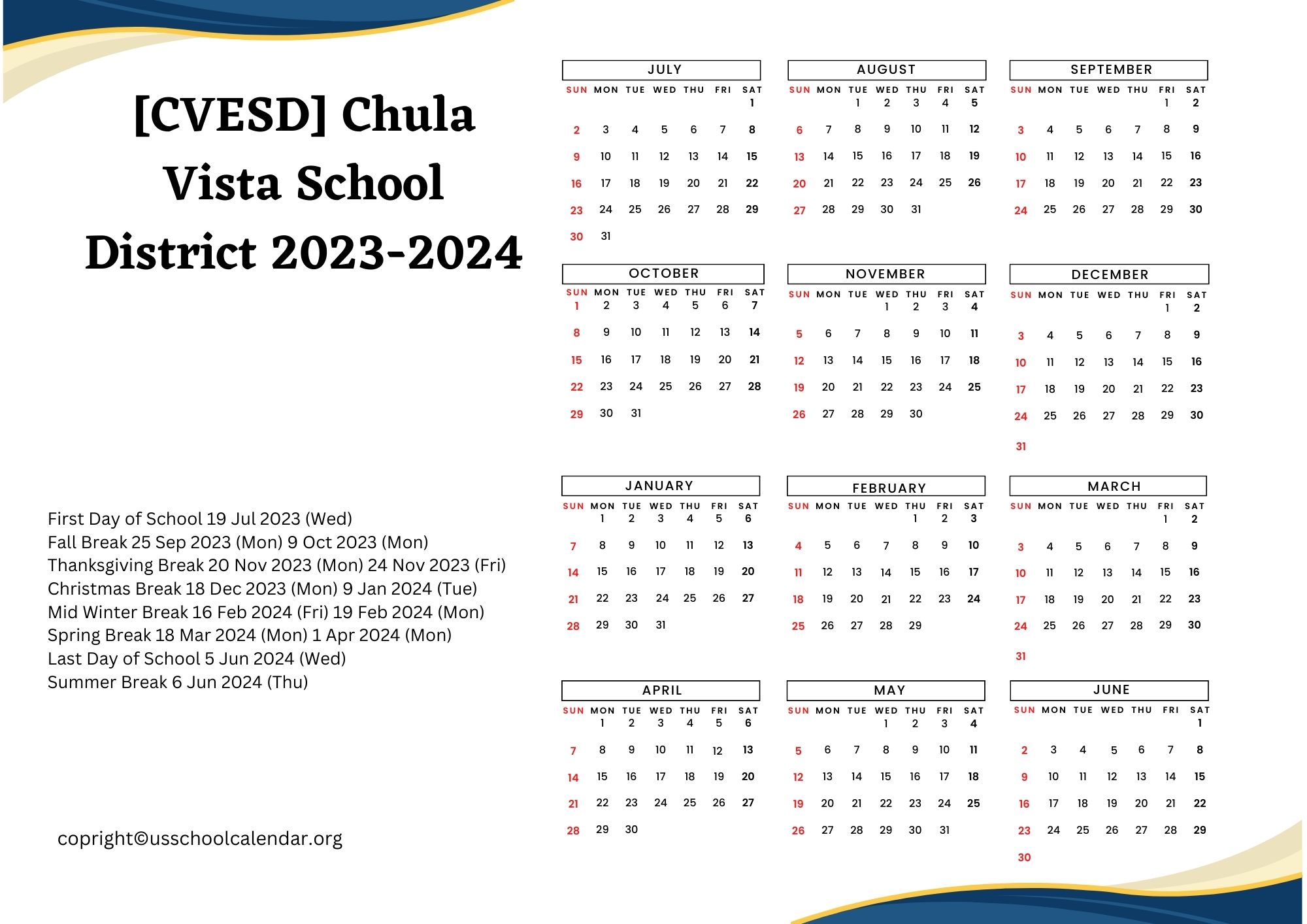 [CVESD] Chula Vista School District Calendar Holidays 2023-2024