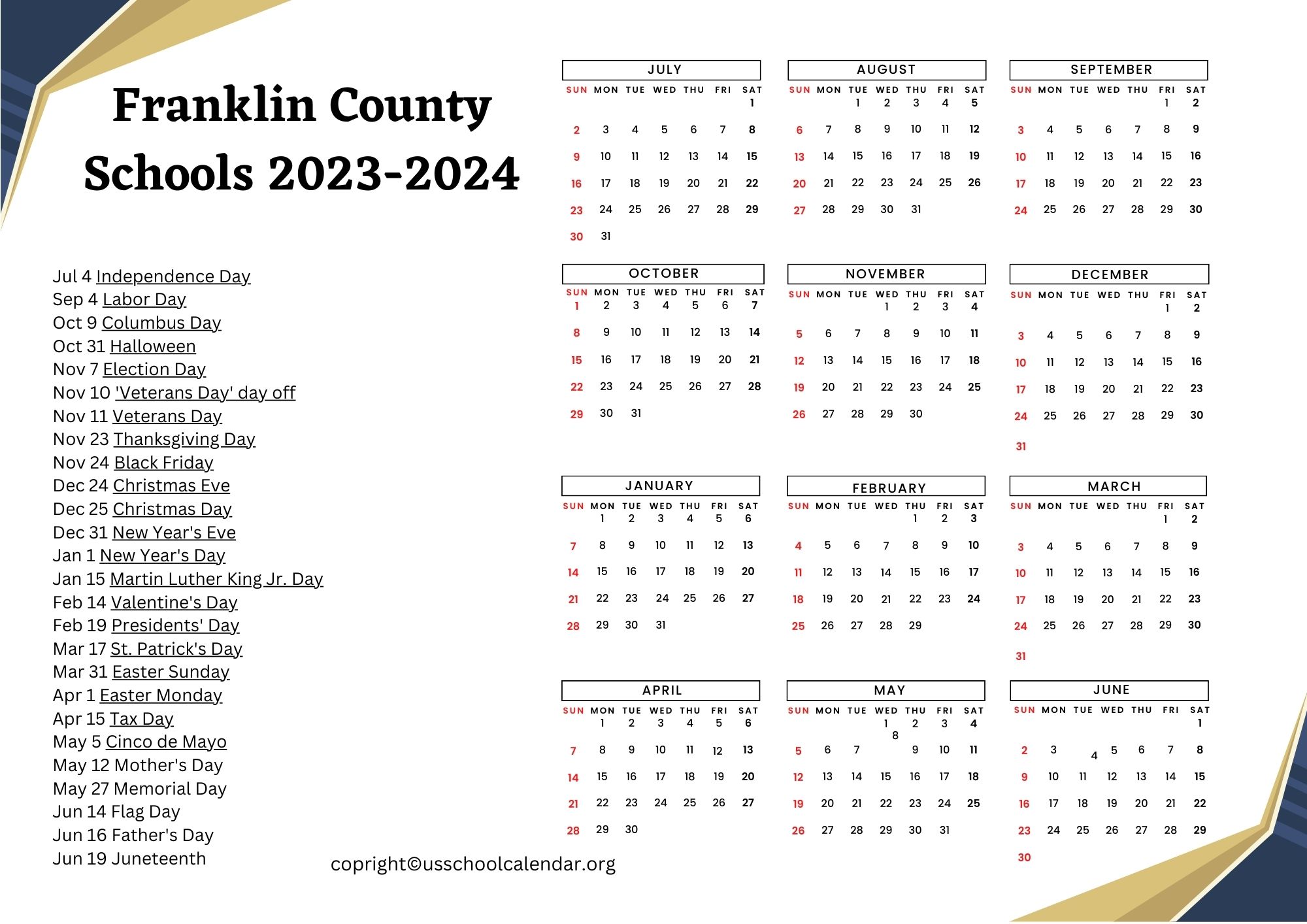 Franklin County Schools Calendar - US School Calendar