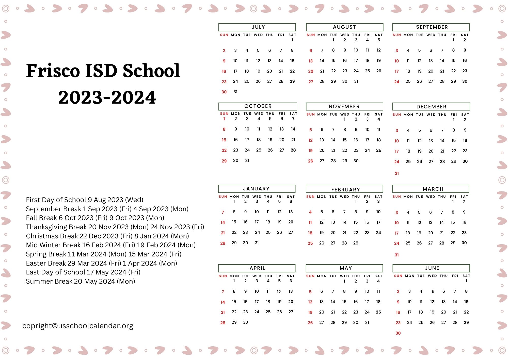 Frisco Independent School District Calendar - US School Calendar