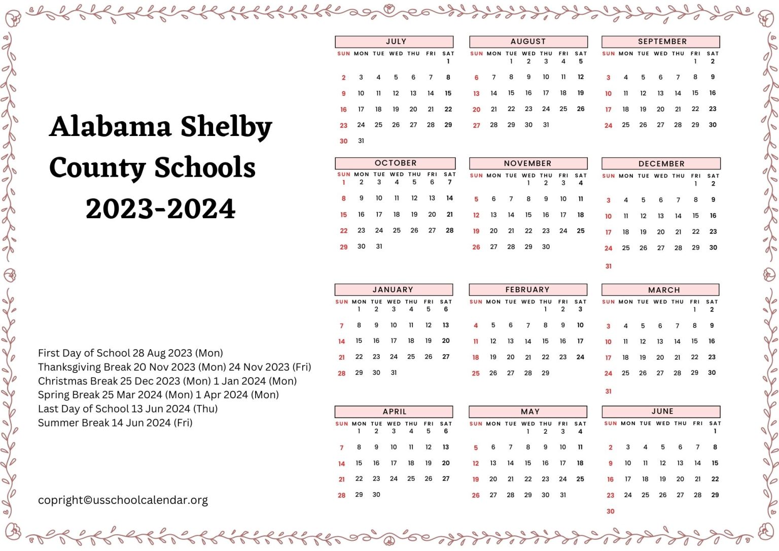 Alabama Shelby County Schools Holiday Calendar - US School Calendar