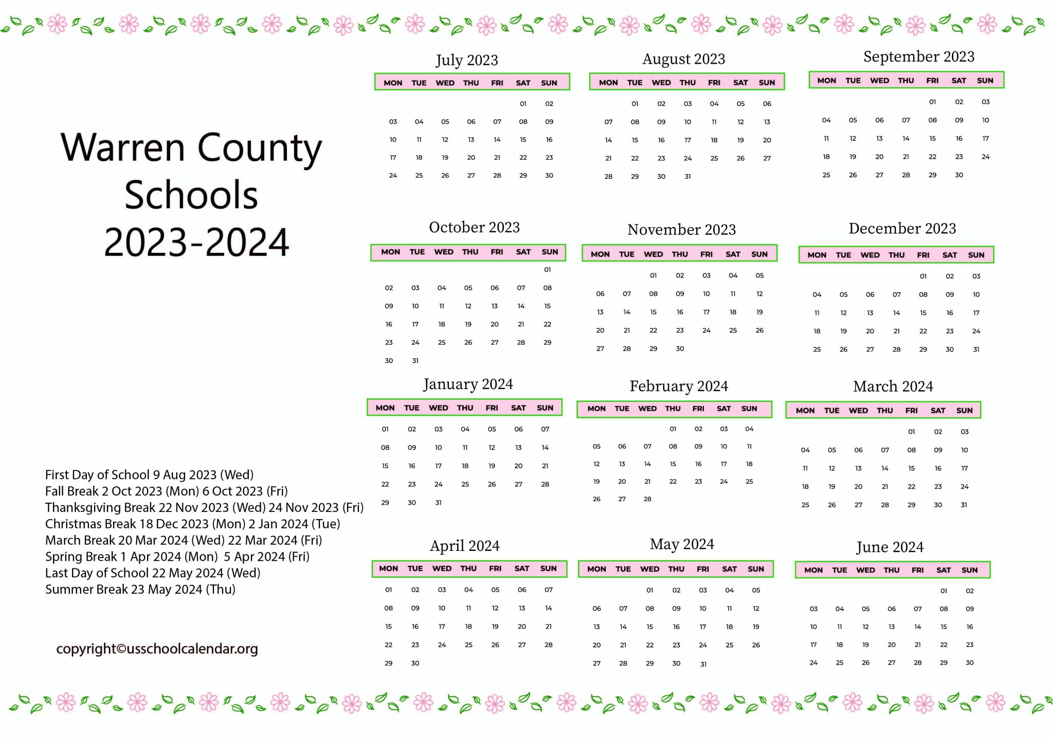 Warren County Schools Calendar - US School Calendar