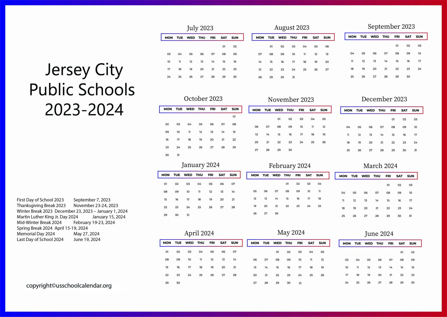 Jersey City Public School Holiday Calendar - US School Calendar