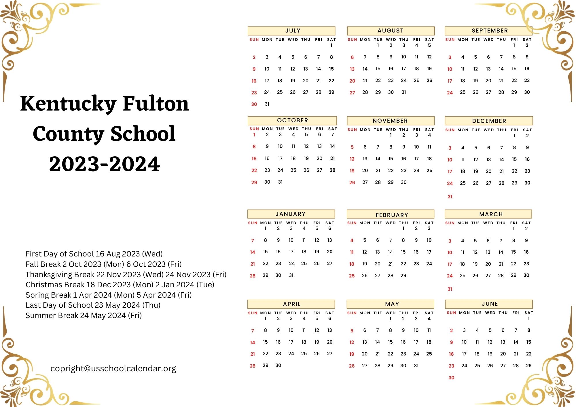 Kentucky Fulton County School Holiday Calendar - US School Calendar