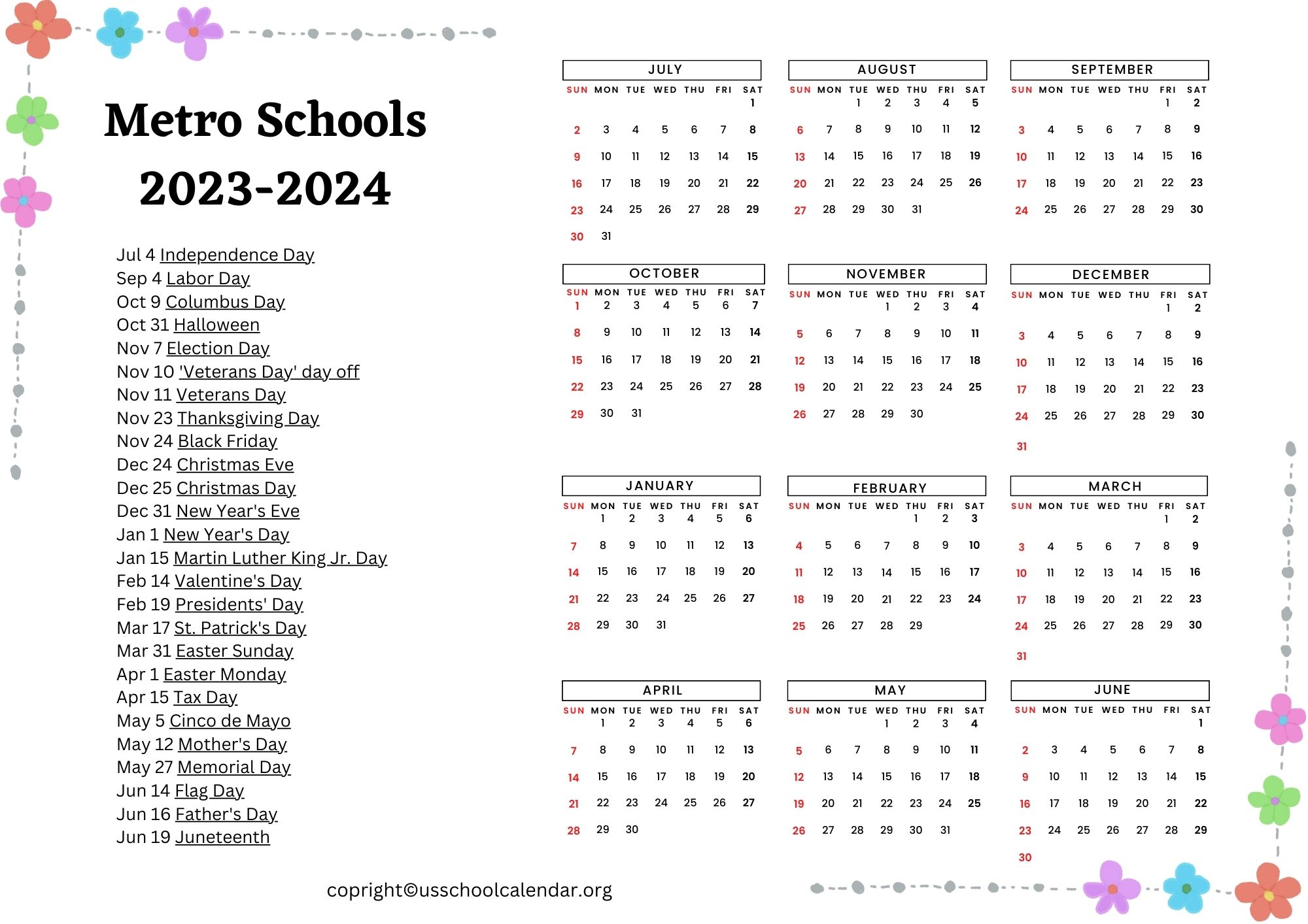 Metro School Year Calendar - US School Calendar