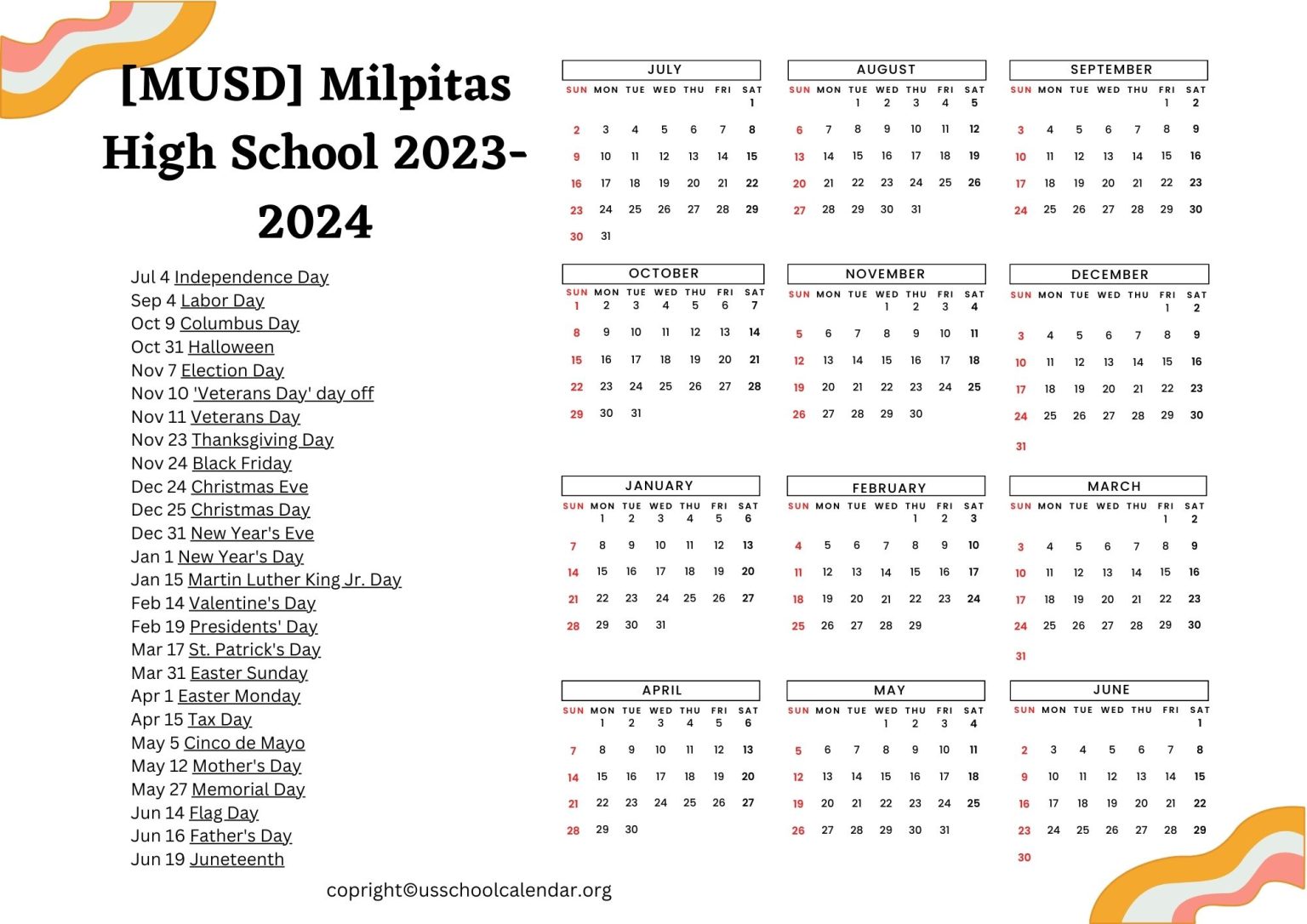 Milpitas High School Holiday Calendar - US School Calendar