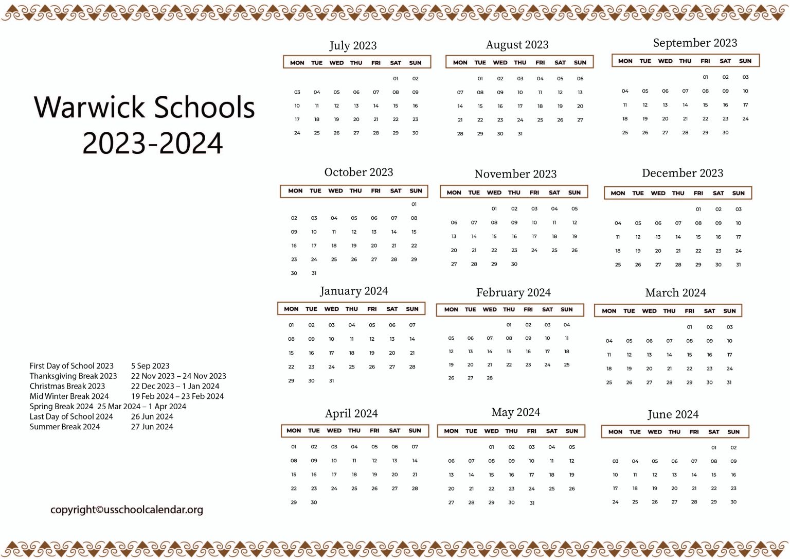 Warwick Schools Calendar - US School Calendar
